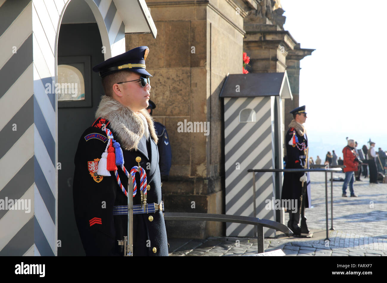 A Castle Guard stands in his sentry box outside the castle in Prague ...