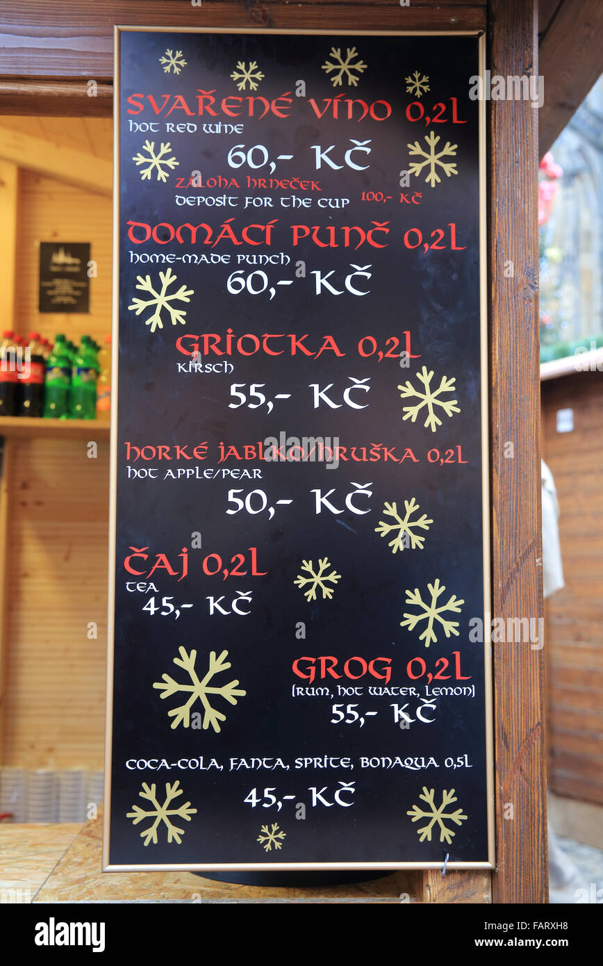 Festive drinks menu on a stall at the Christmas market in Prague Castle ...