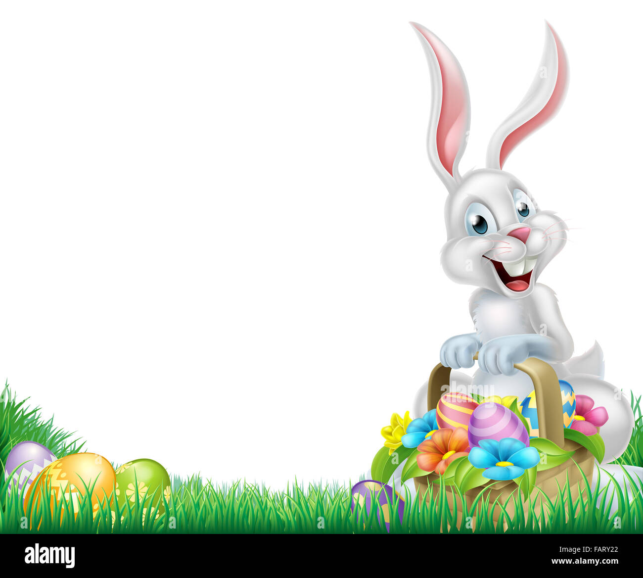 Cartoon easter scene. White Easter bunny with a basket full of ...