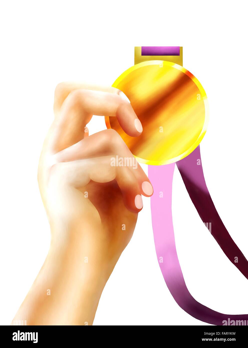 Hand Drawing, Close Up of The Winner Showing Up A Shiny Gold Medal with ...