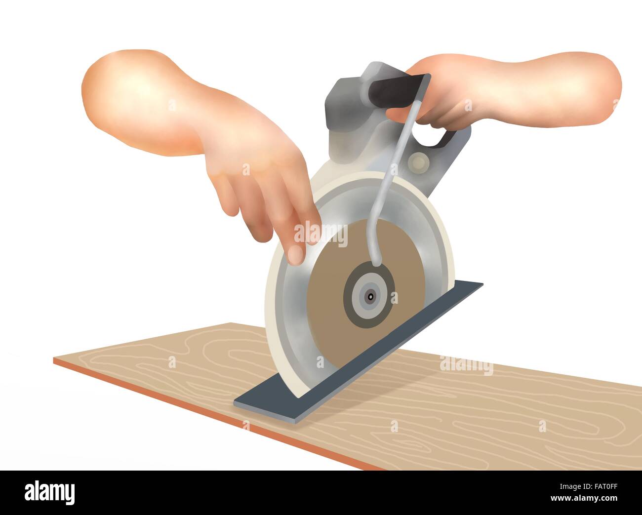 Hand Drawing of Carpenter Worker Cutting Wood Plank on Electric ...