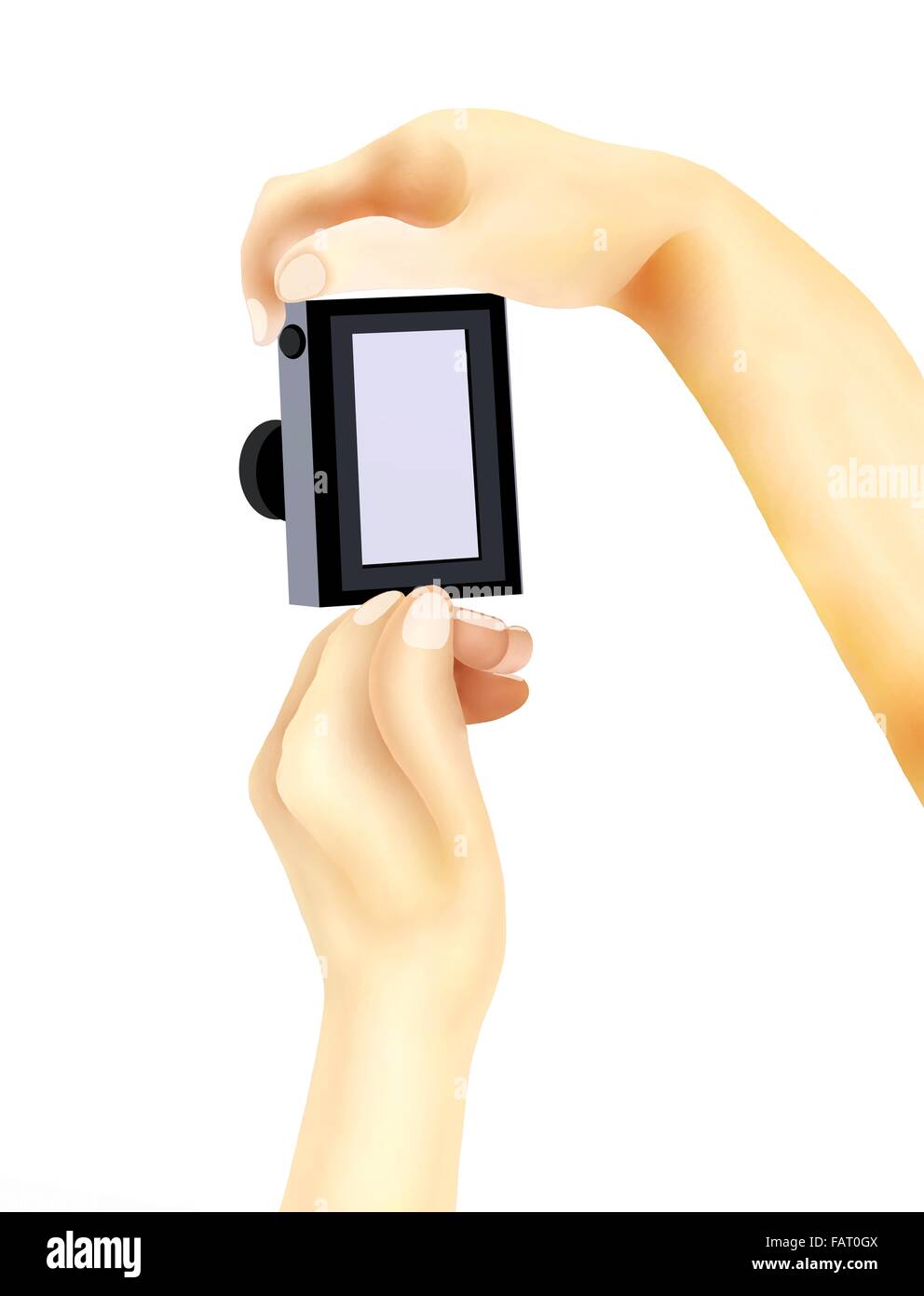 Hand Drawing, Hands Holding A Compact Digital Camera with The White ...