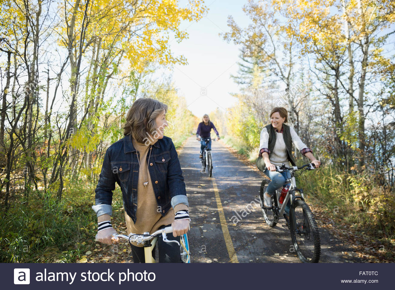 Friends bike riding on autumn path in park Stock Photo - Alamy