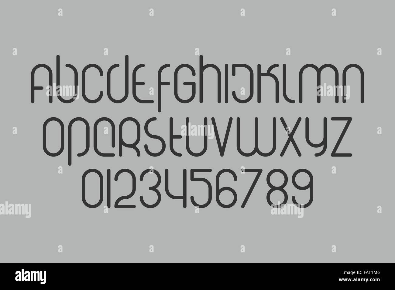 set of stylized, alphabet letters and digits isolated on gray ...