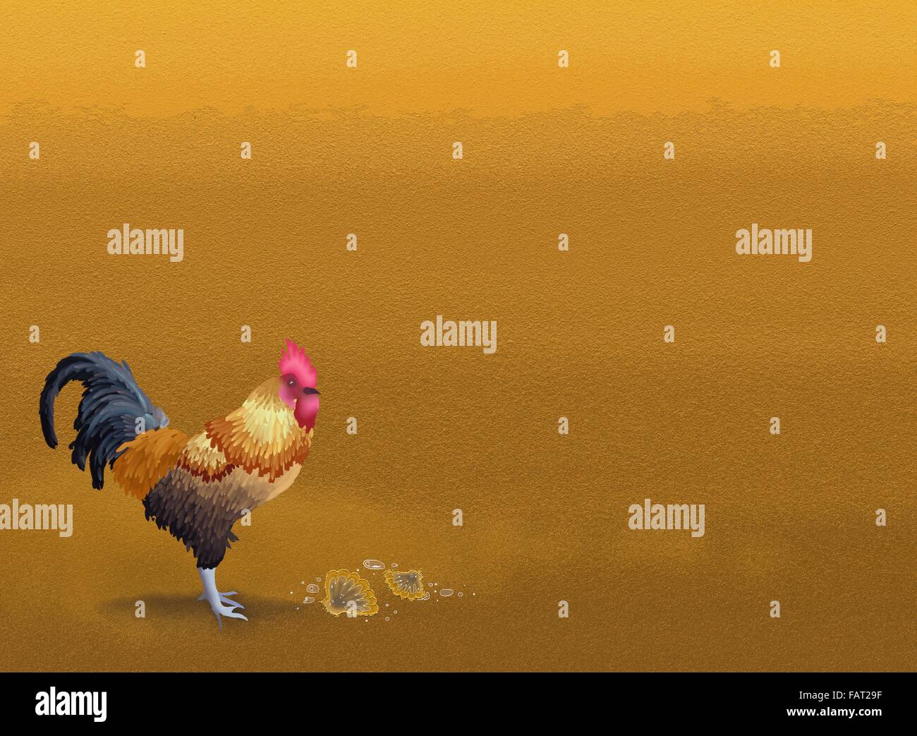 Hand Drawing of A Beautiful Rooster Standing with Shells and Little ...