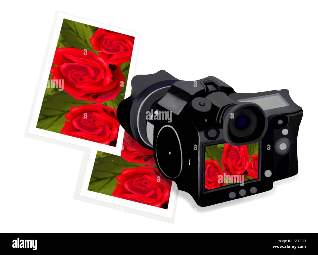 A Camera with Photo and Frame Showing The Picture of Red Roses Stock ...