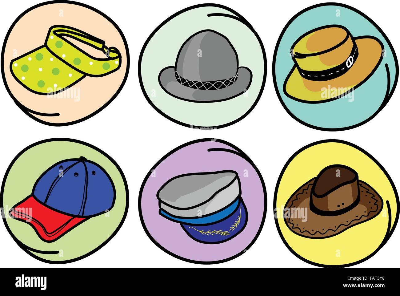 A Cartoon Collection of Six Different Hats and Caps Icon in Circle ...