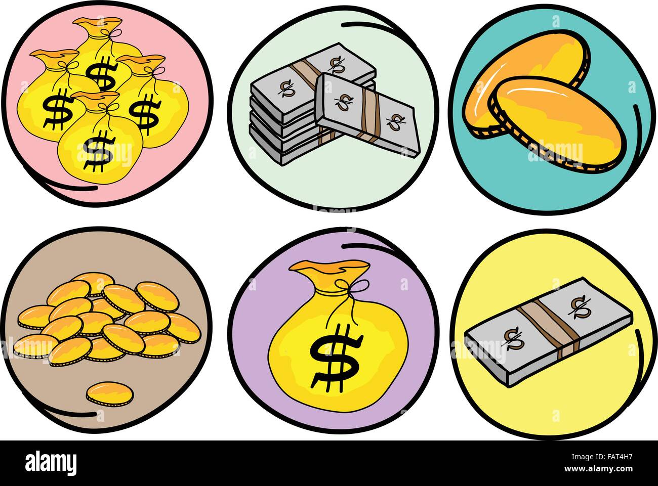 A Cartoon Collection of Money and Gold Icon, Money Bag, Banknotes and ...