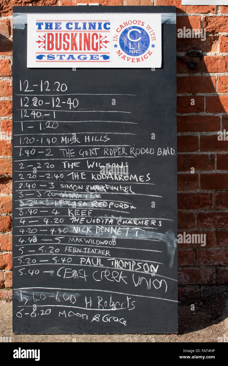 Line up blackboard on the 2013 Maverick music festival busking stage ...