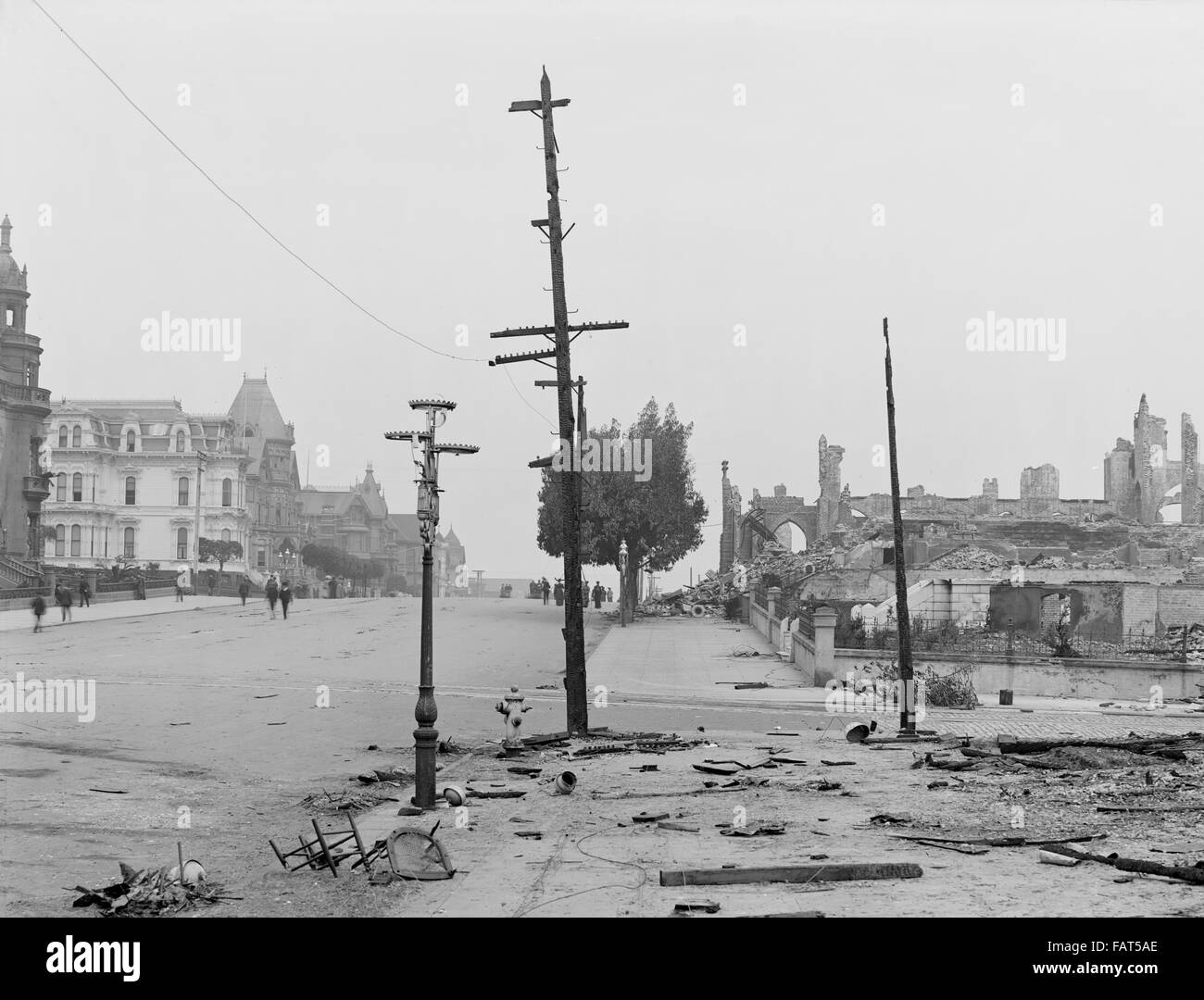 Van Ness Avenue, Limit of Fire, after Earthquake, San Francisco, California, USA, circa 1906 ...
