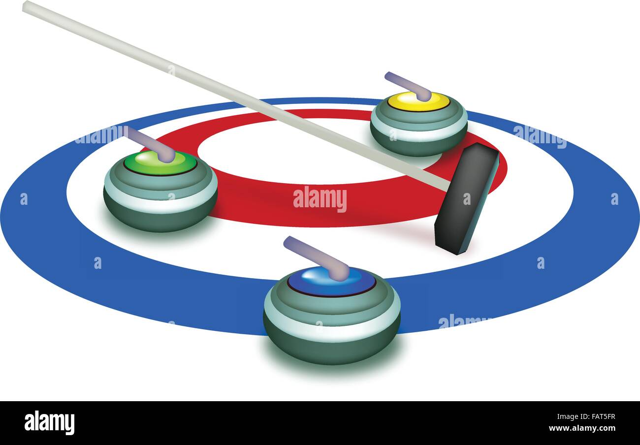 Winter Sport : Hand Drawing of Curling Rocks and Broom in The Ice Rings ...