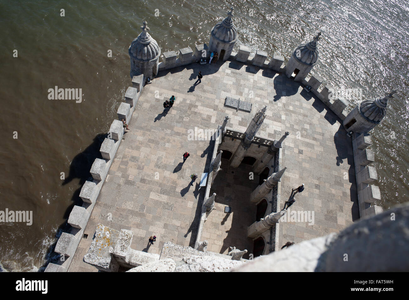 Belem Tower (Torre de Belem) fortification terrace, battlement with ...