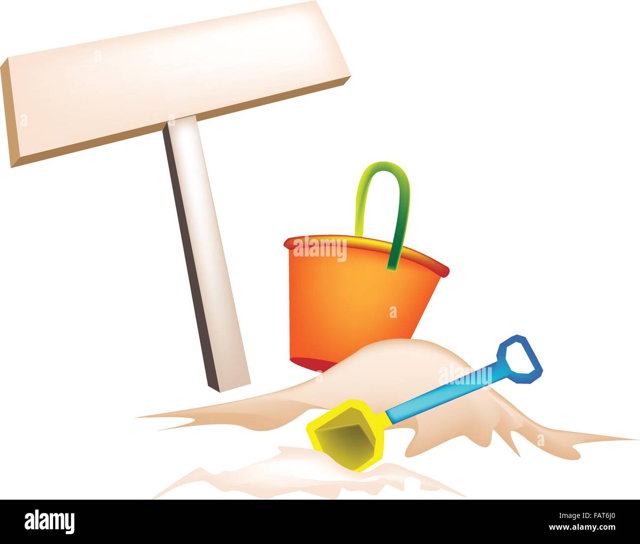 An Illustration of Wooden Sign Board awith Beach bucket and Spade on ...