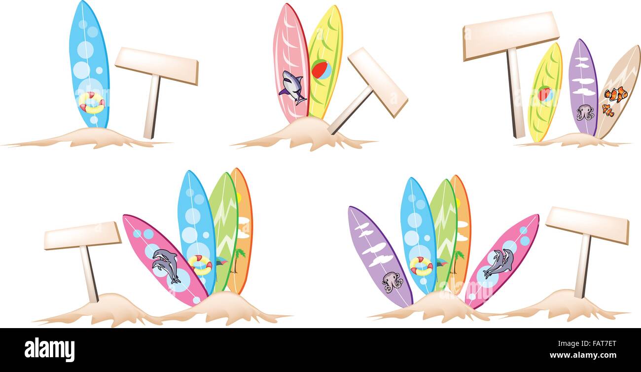 An Illustration Collection of Colorful Surfboards with Wooden Sign ...