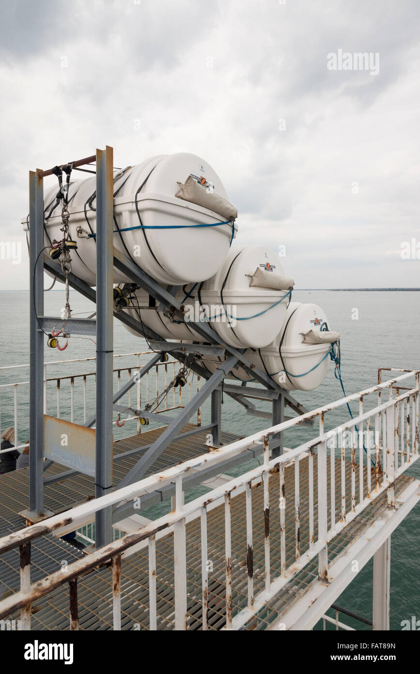 Life rafts stored on the side of a passenger ferry in the UK ready for ...