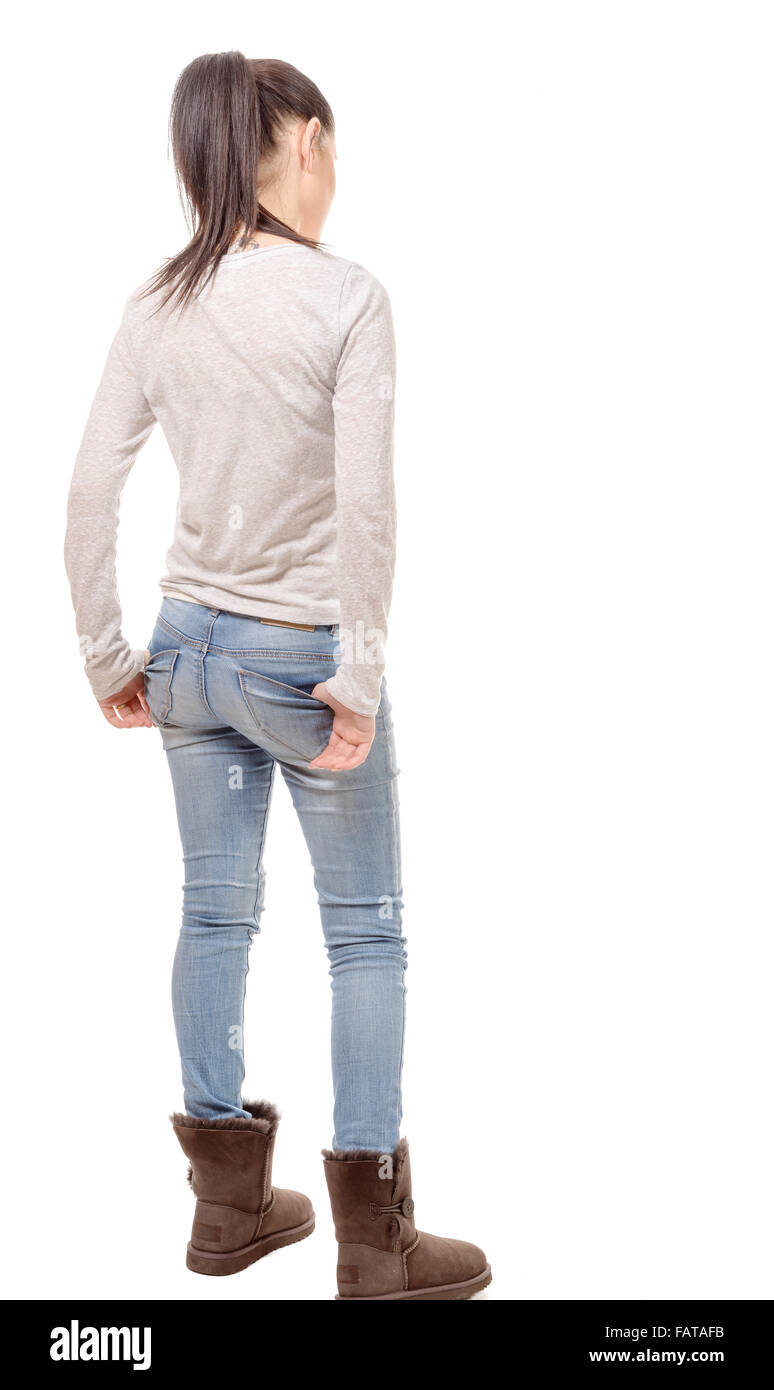 a pretty young woman standing on white background, back view Stock ...