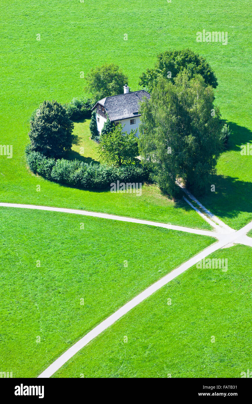 Intersection of five walking paths and a house in green field Stock ...