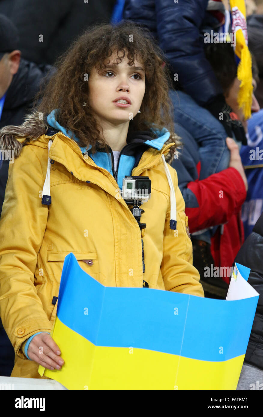 LVIV, UKRAINE - NOVEMBER 14, 2015: Ukrainian supporter looks on to the ...