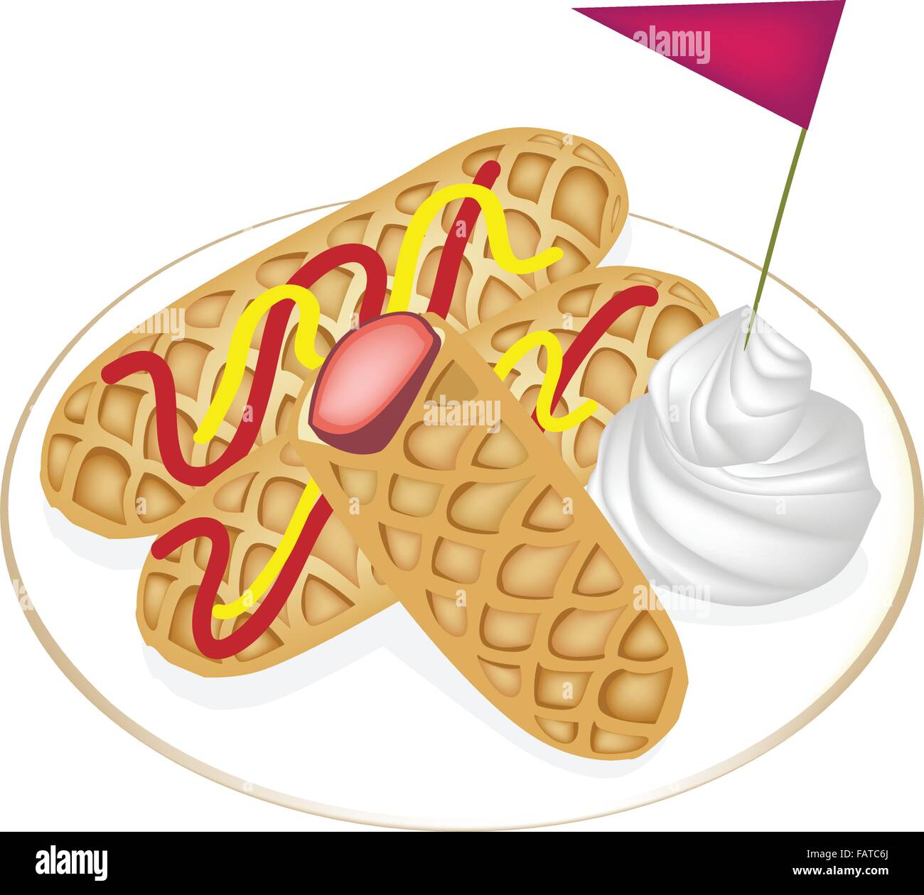 Three Golden Brown Homemade Corn Dogs or Hot Dog Waffles on White Plate ...