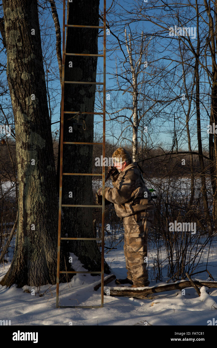 Hunter attaching crossbow to pull up rope Stock Photo - Alamy