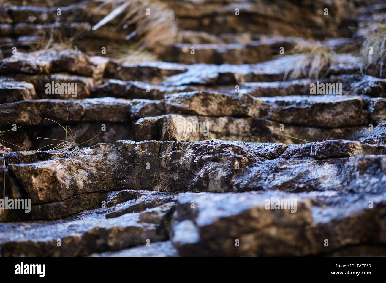 Closeup of a sedimentary mountain limestone rocks, with selective focus ...
