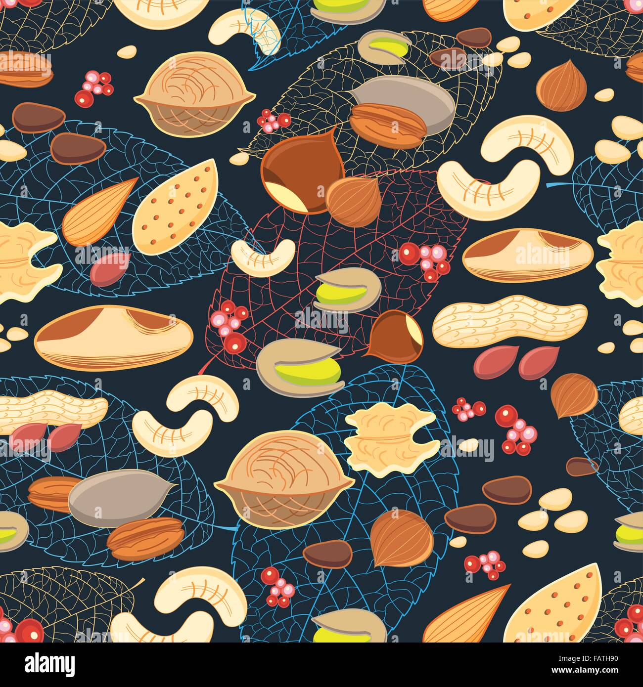 Seamless graphic pattern of different nuts on a dark background with ...