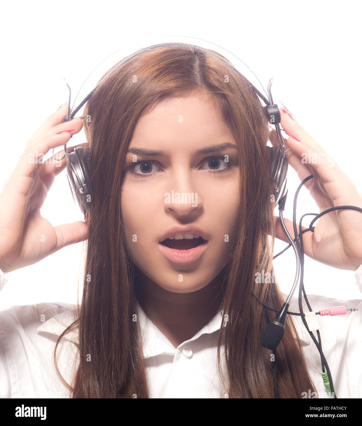 Female support operator with headset Stock Photo - Alamy