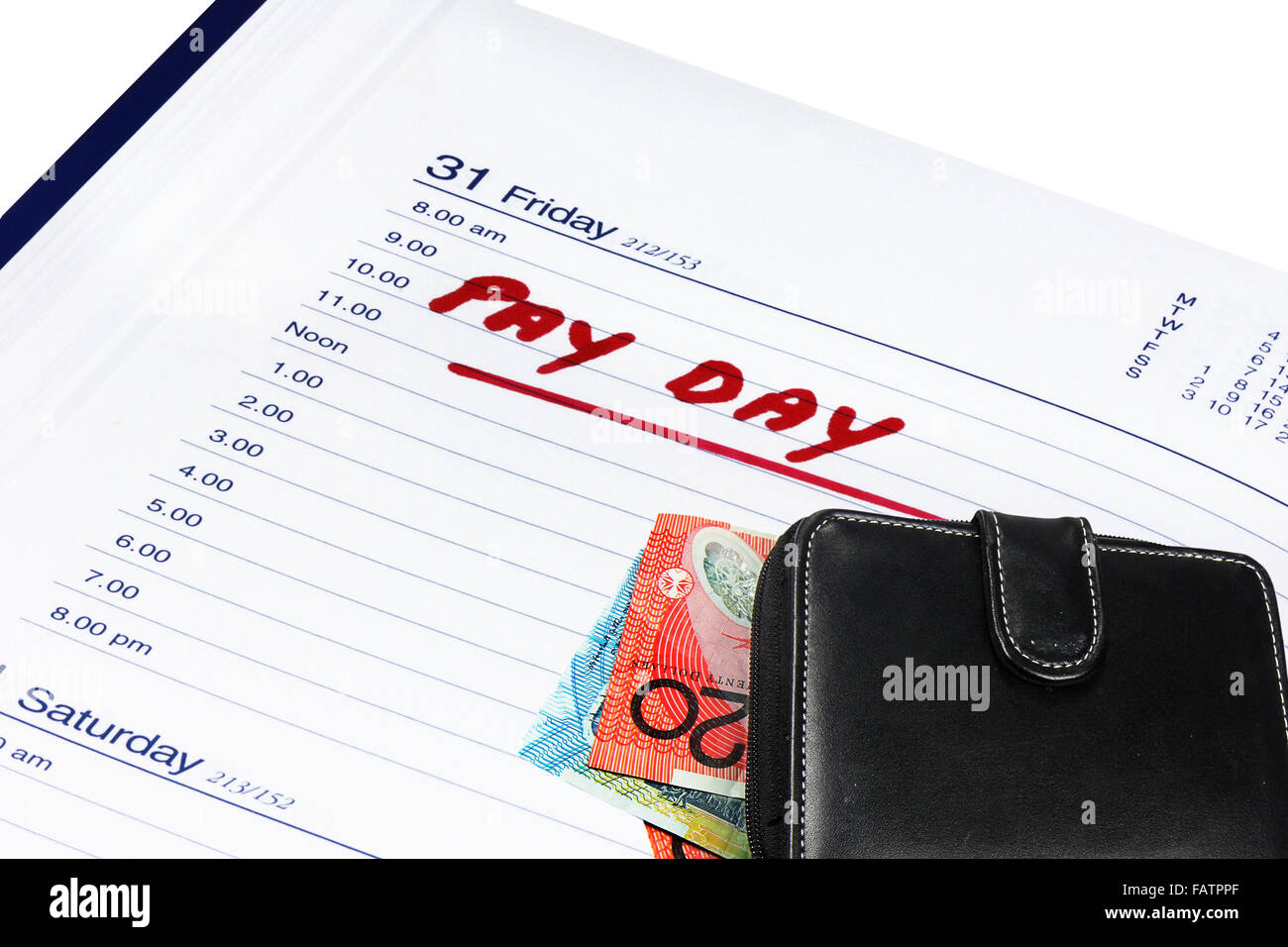 pay date written in a diary on white background Stock Photo - Alamy