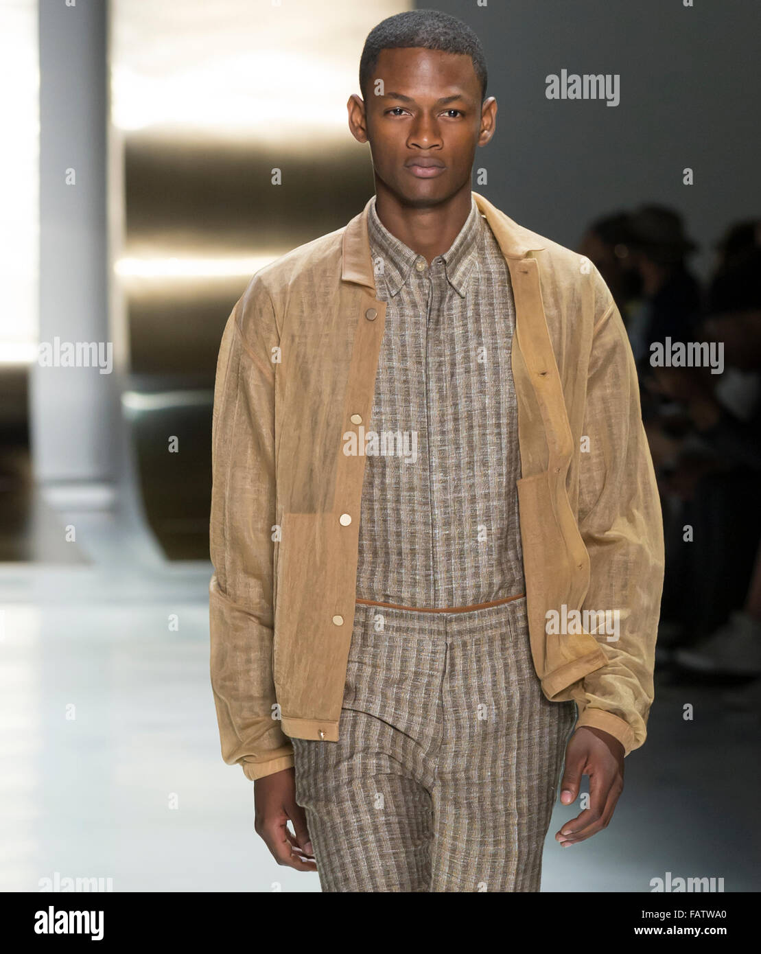NEW YORK, NY - JULY 16, 2015: Hamid Onifade walks the runway during the ...