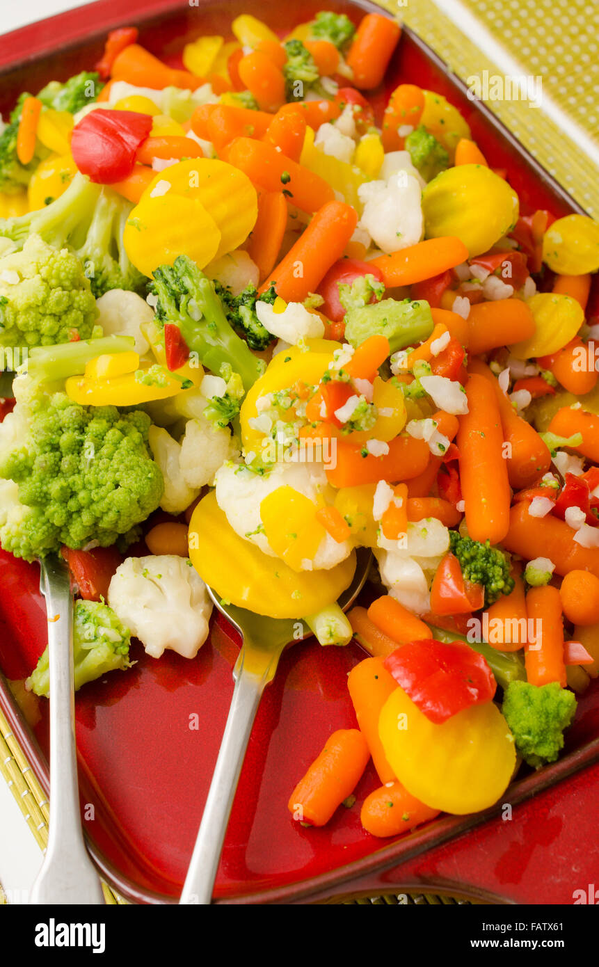 Delicious boiled vegetables on a red ceramic plate Stock Photo - Alamy
