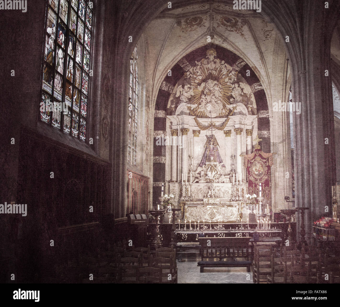 Inside of a creepy old church - Vintage dirty look Stock Photo - Alamy