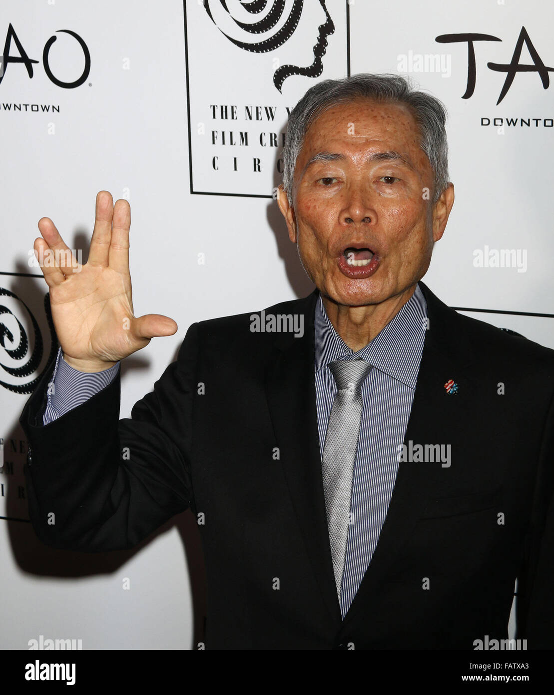 New York, USA. 4th Jan, 2016. Actor GEORGE TAKEI gives the Vulcan ...