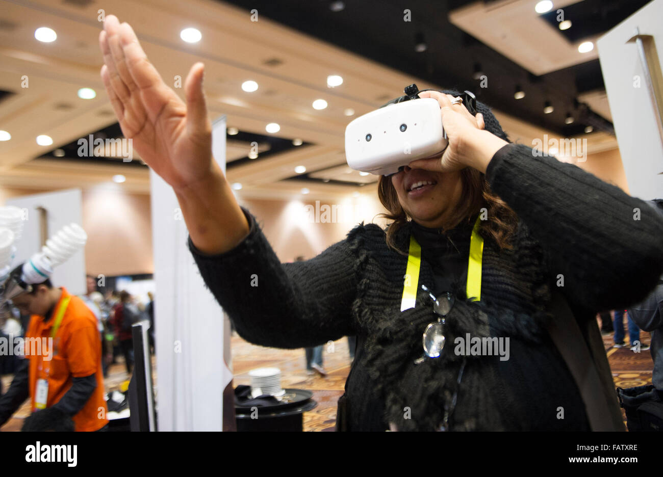 Las Vegas, USA. 4th Jan, 2015. A working staff member displays an uSens ...