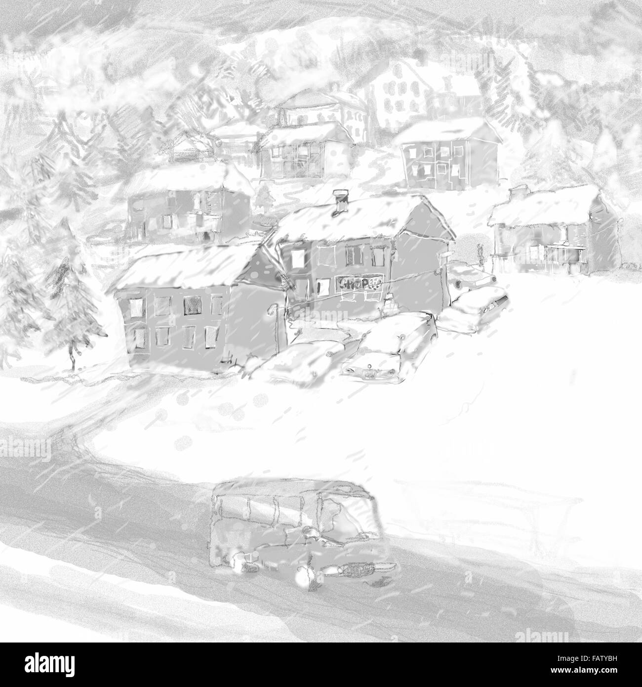 Town In Snow Stock Photo - Alamy