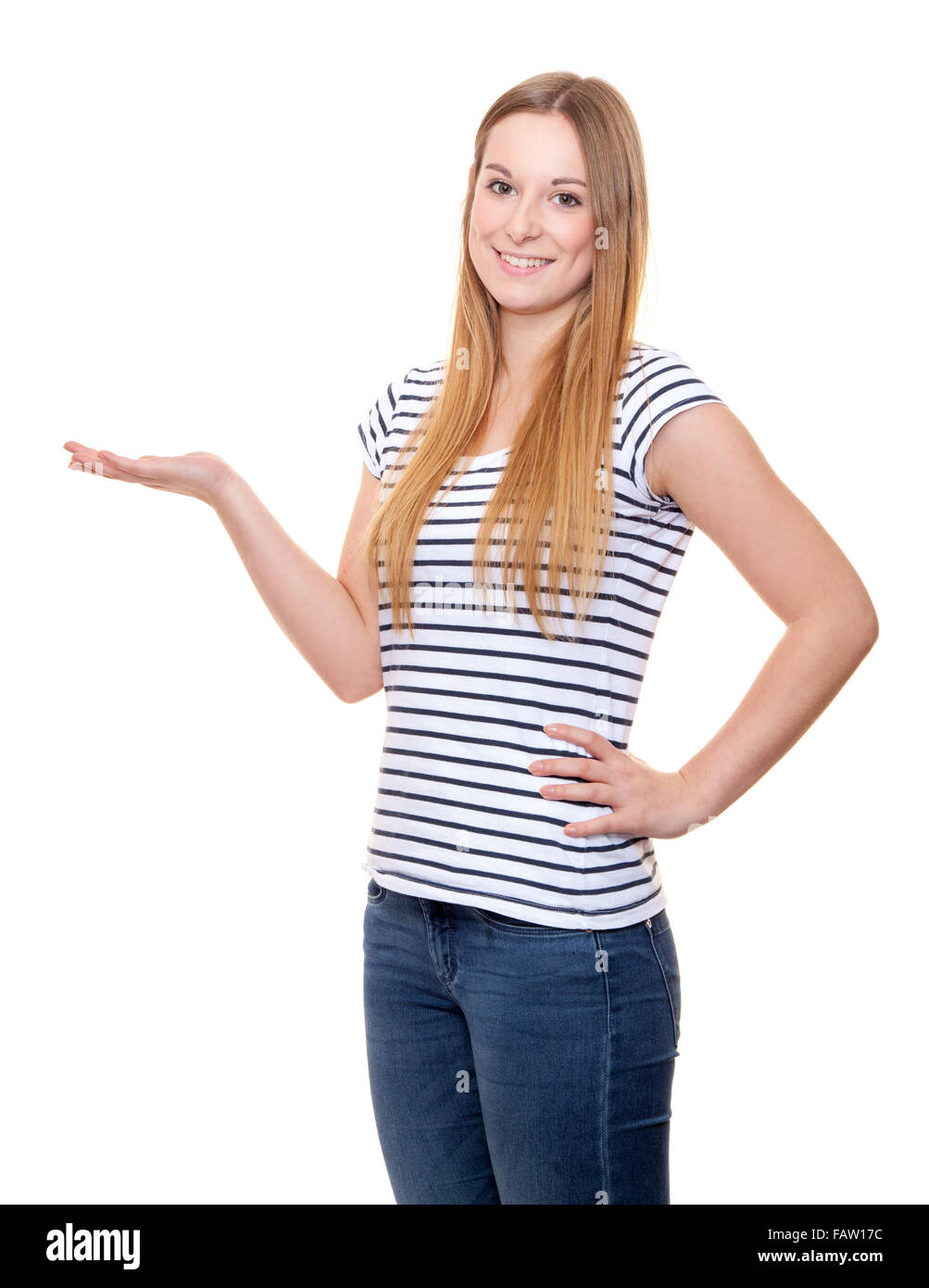 Attractive young woman pointing to the side. All on white background ...
