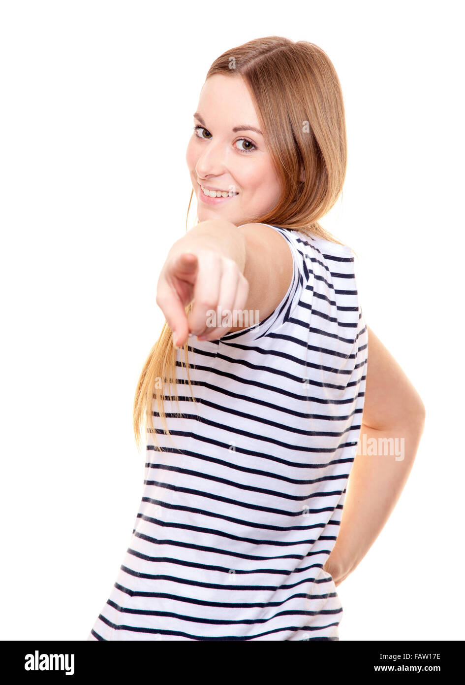 Attractive young woman pointing with finger. All on white background ...