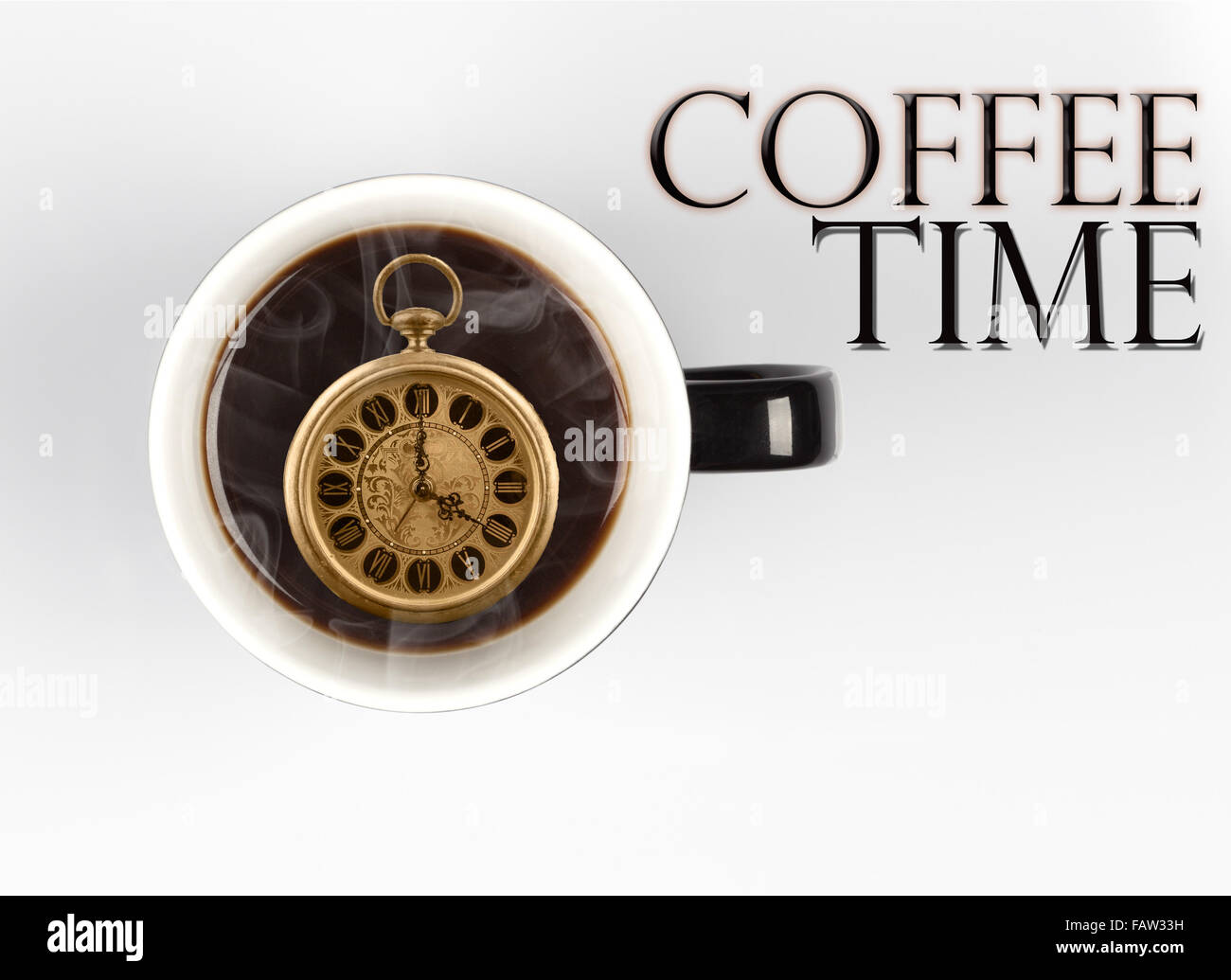 Coffee Time Concept - vintage watch inside coffee mug showing 4 o’clock ...