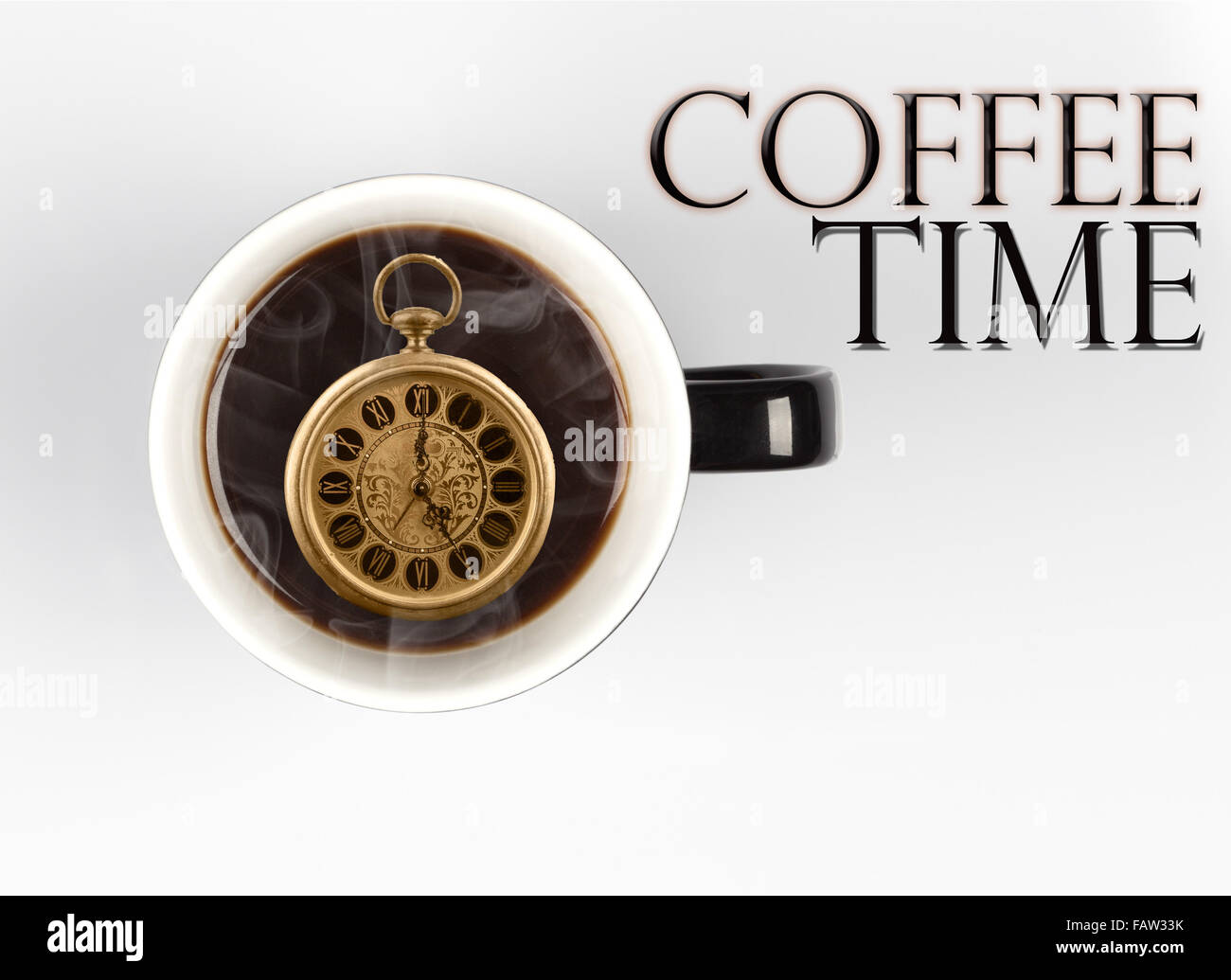 Coffee Time Concept - vintage watch inside coffee mug showing 5 o’clock ...