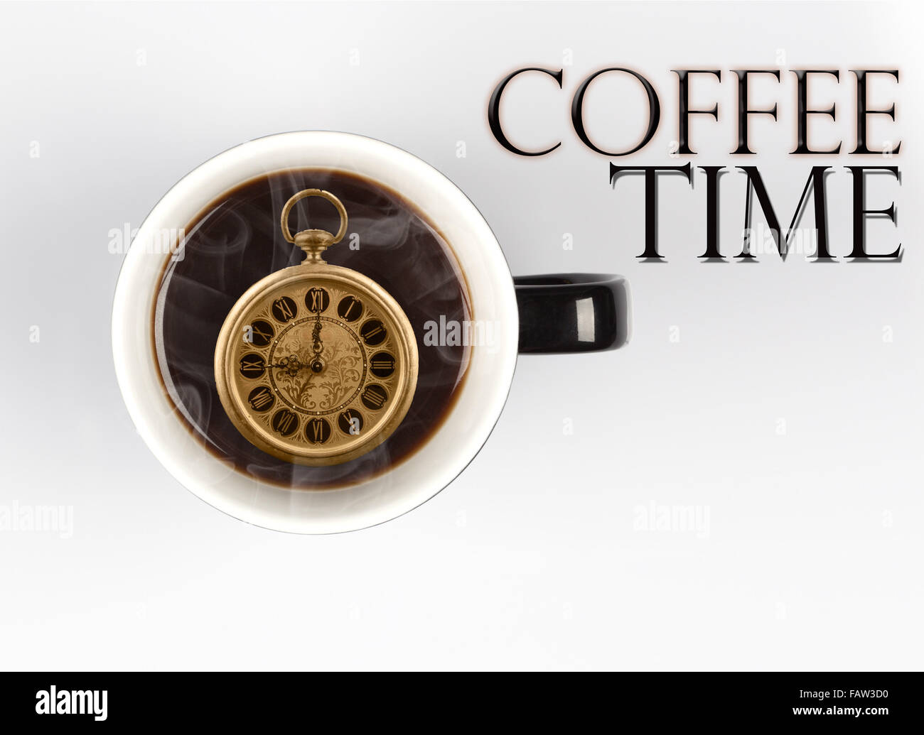 Coffee Time Concept - vintage watch inside coffee mug showing 9 o’clock ...