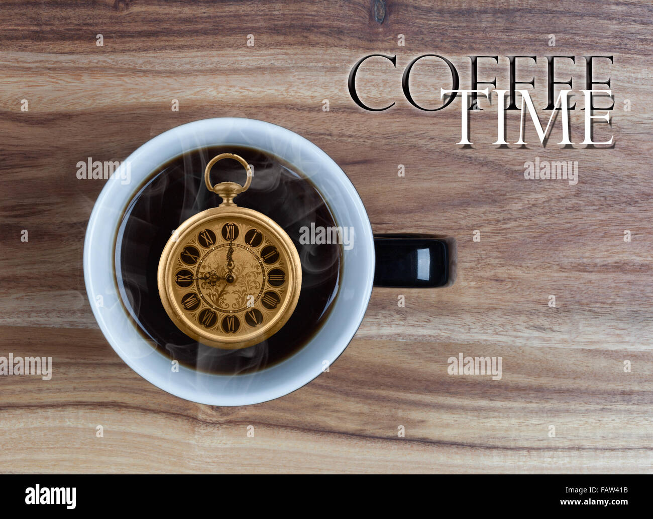 Coffee Time Concept - vintage watch inside coffee mug showing 9 o’clock ...