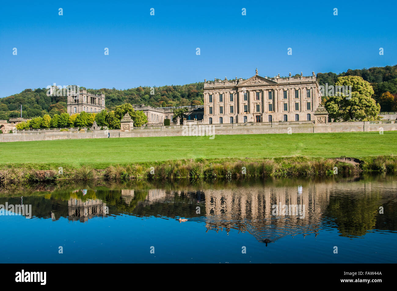 looking over the Chatsworth Estate over the river Wye Derbyshire Ray ...