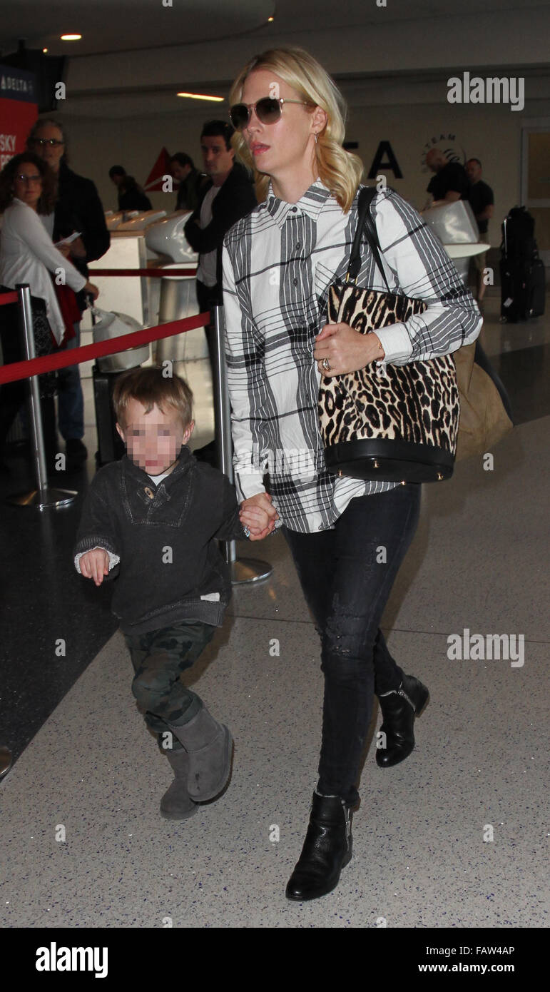 January Jones arrives at Los Angeles International Airport with her son ...