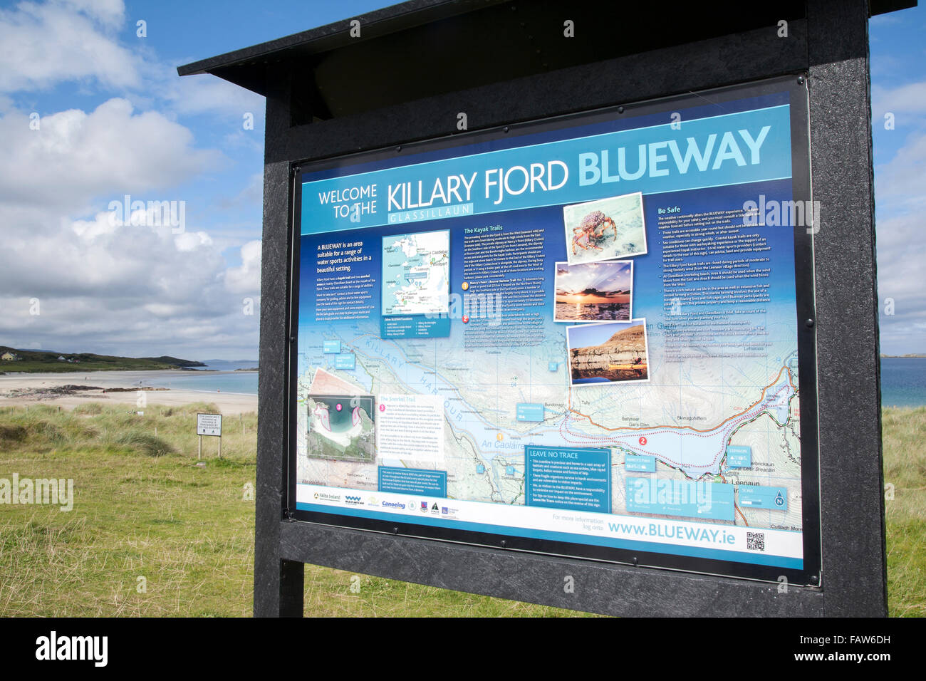 Blueway Sign, Glassillaun Beach, Killary Fjord, Connemara National Park ...