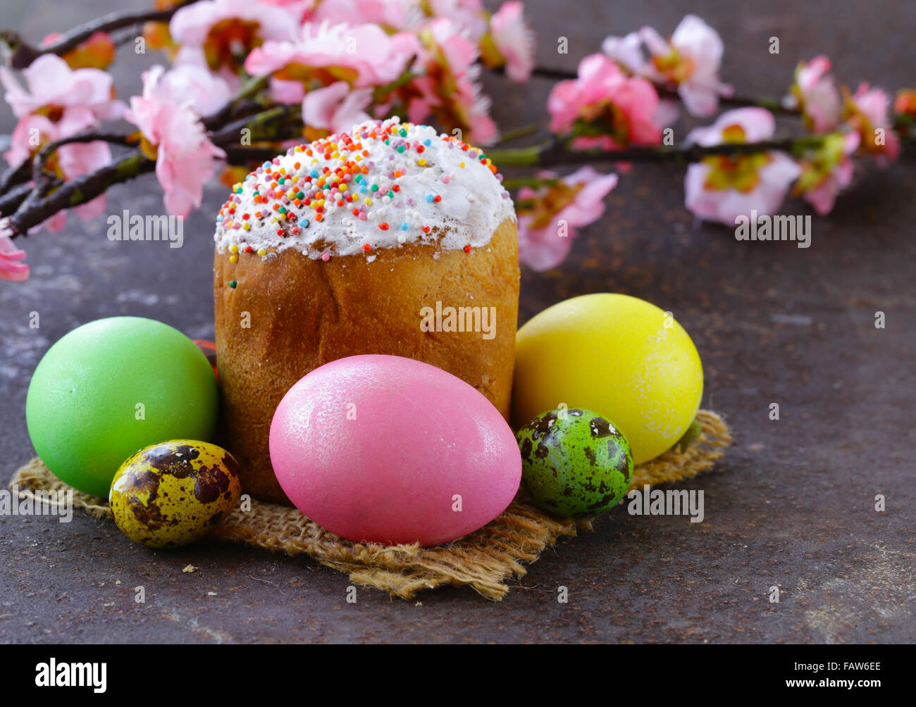 Easter symbol painted colorful eggs and panettone Stock Photo - Alamy