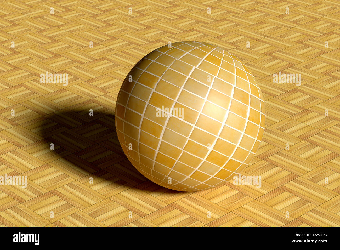 3d rendering of a yellow sphere made of glazed tile on floor Stock ...
