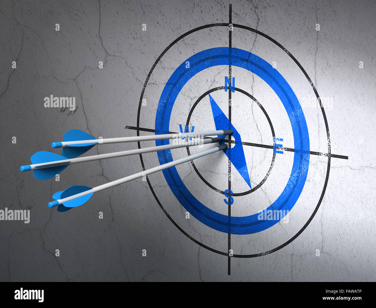 Vacation concept: arrows in Compass target on wall background Stock ...