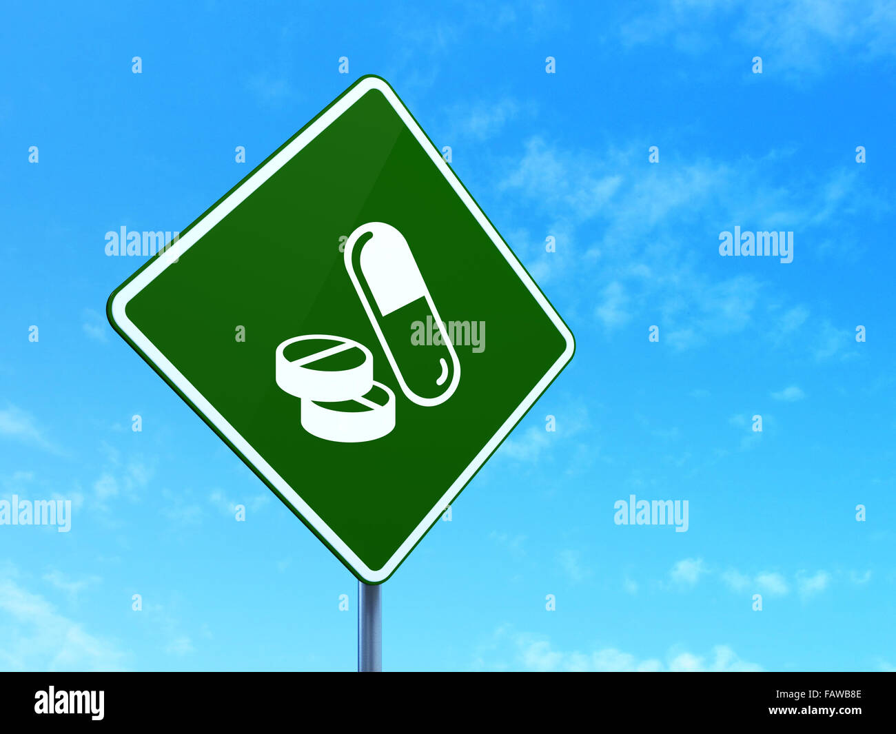 Medicine concept: Pills on road sign background Stock Photo - Alamy