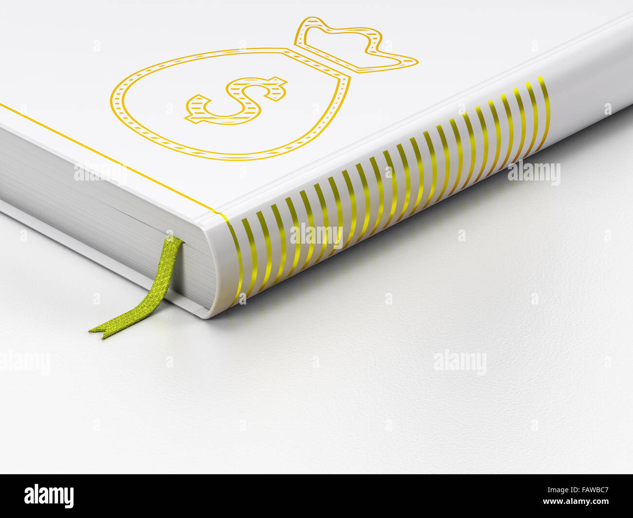 Banking concept: closed book, Money Bag on white background Stock Photo ...