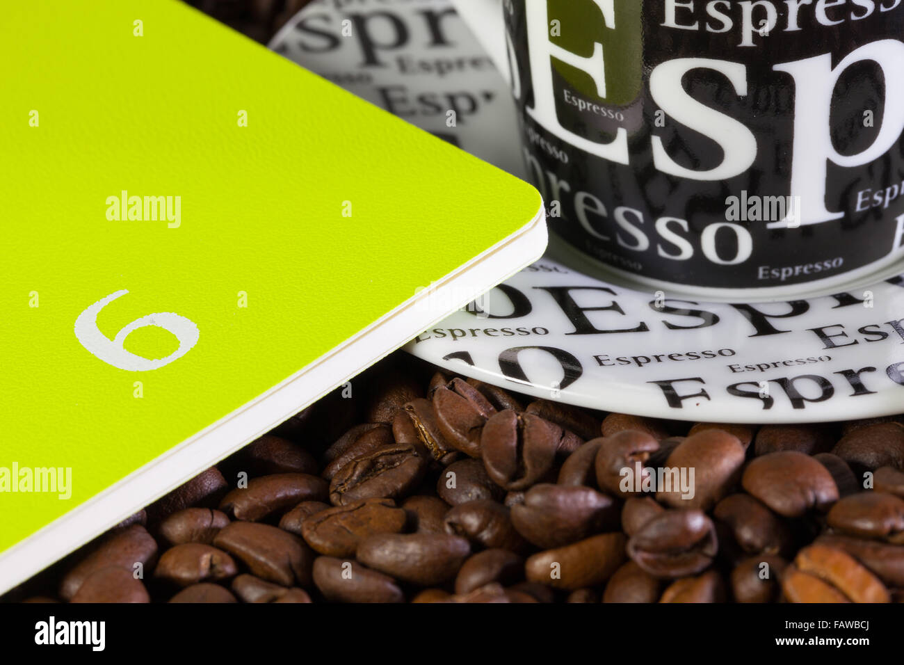 Coffee beans, cup of coffe and diary for June Stock Photo - Alamy