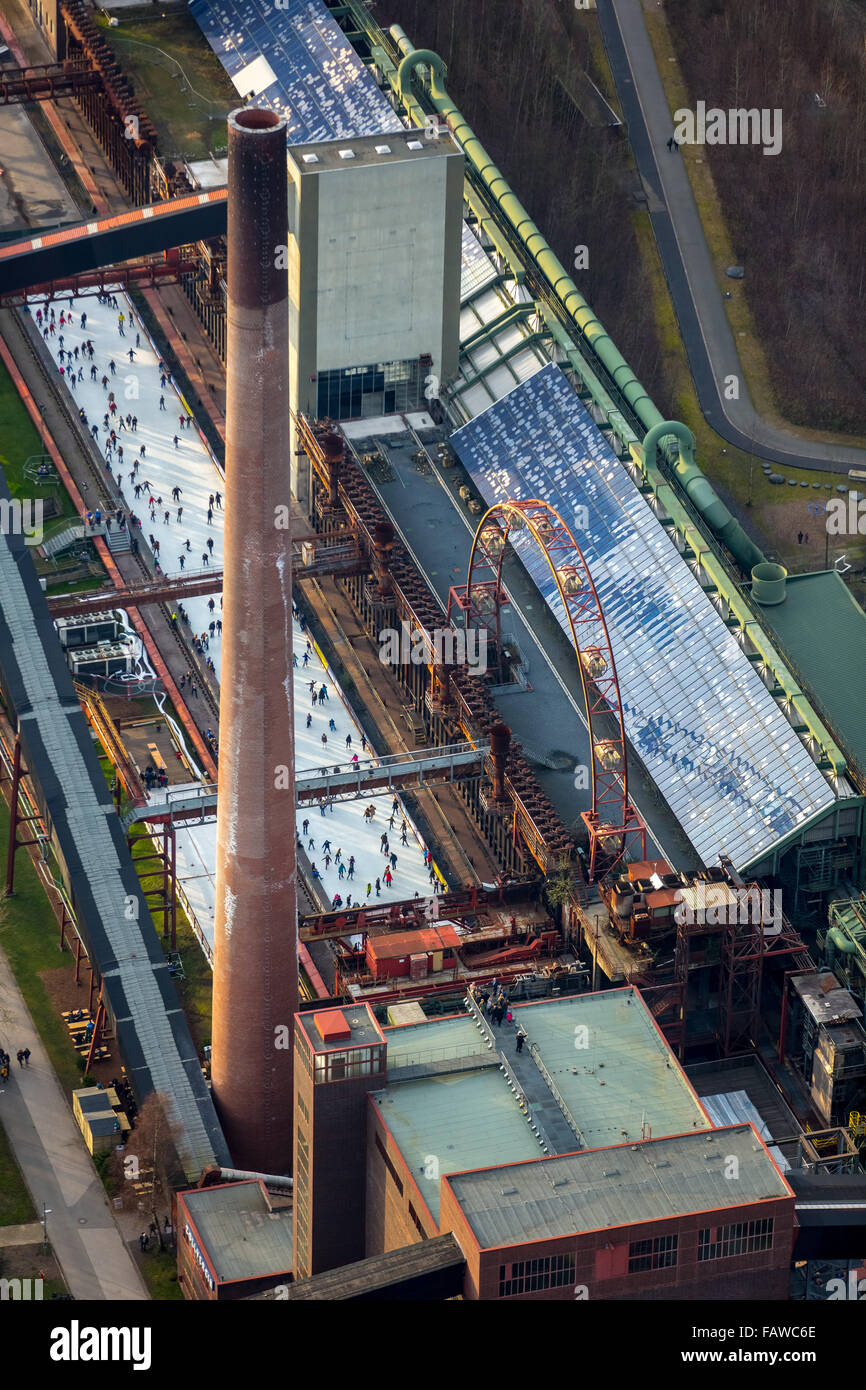 Skating rink in the coking plant Zollverein colliery with sun wheel at ...